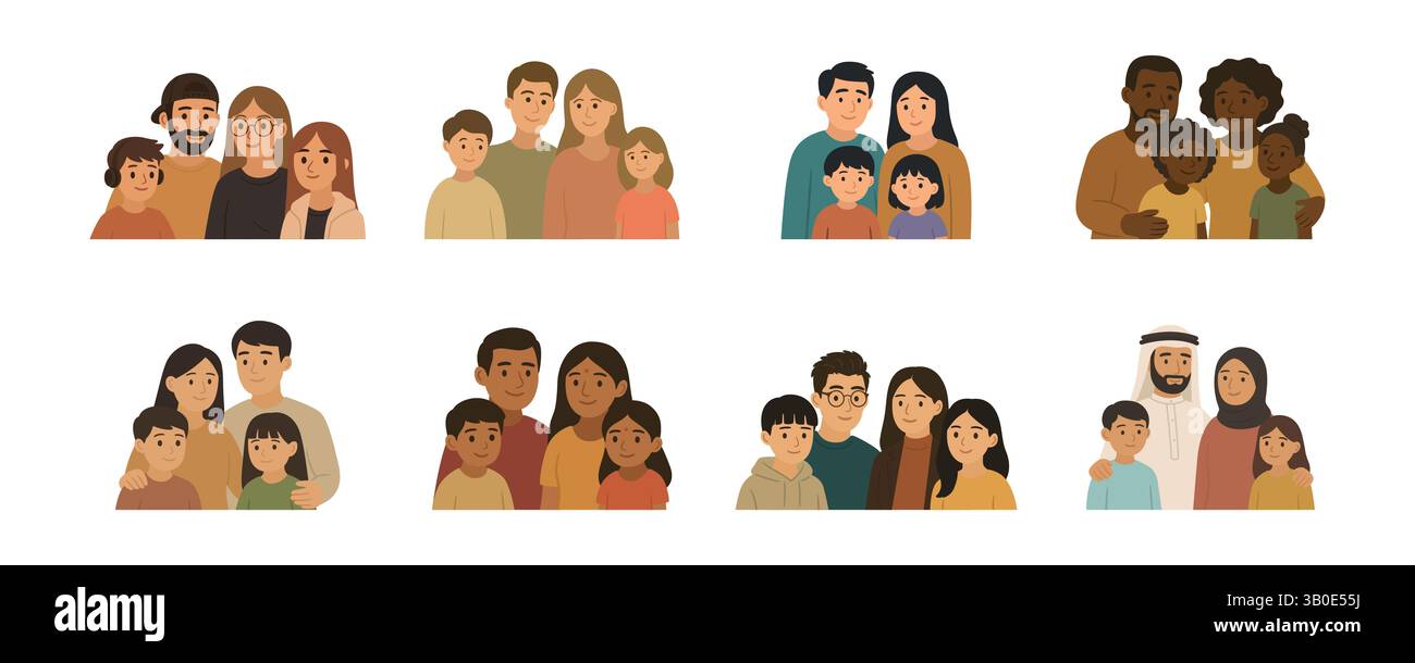 Vector Happy Family With Kids Set. Multicultural Parents and Children. Diverse Families Clipart ...