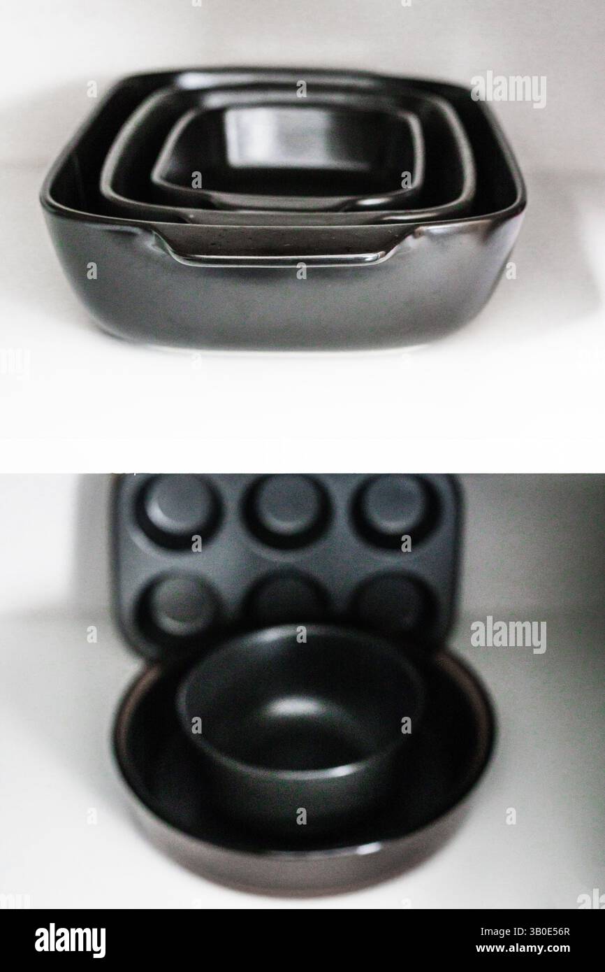 tidy decluttered kitchen cabinet shelves with oven trays piled up ...