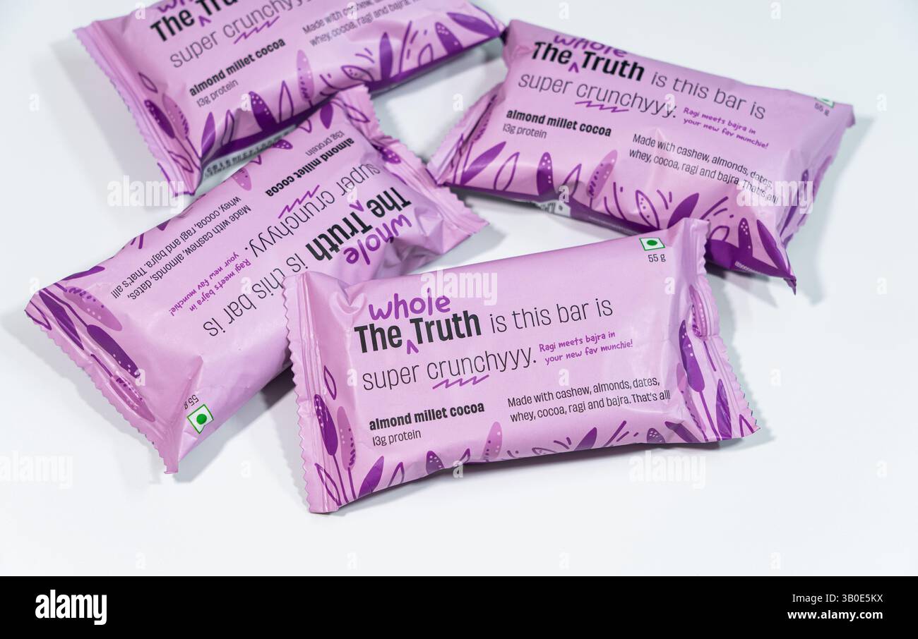 The Whole Truth Almond Millet Cocoa protein bar on white background ...