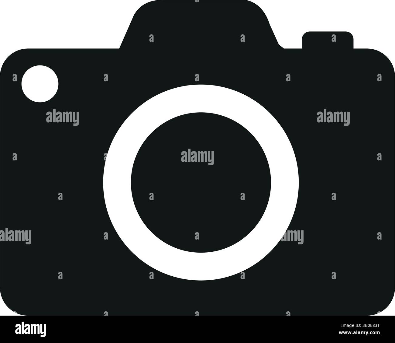 A simple black and white vector icon of a camera with a large lens in ...
