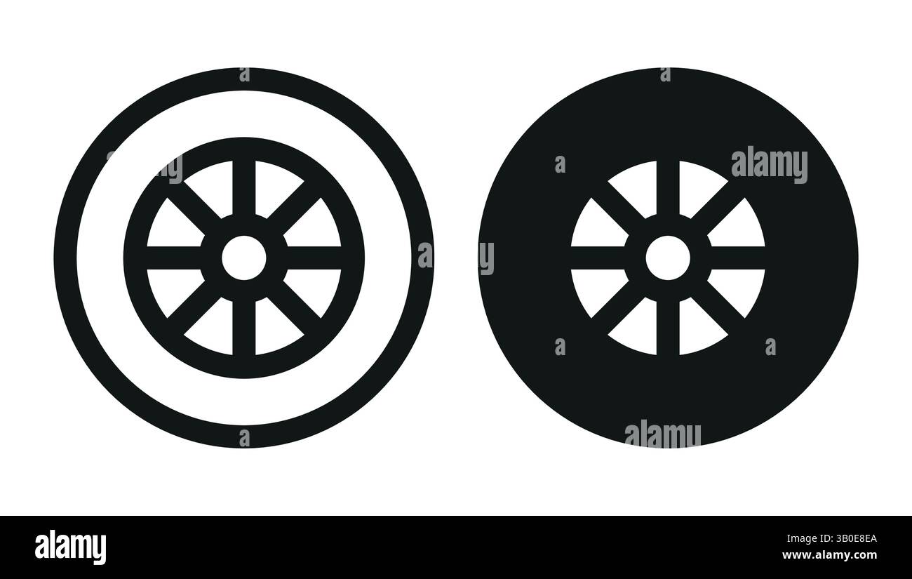 two simple vector icons of car wheels or tires, one outlined and one filled, representing ...