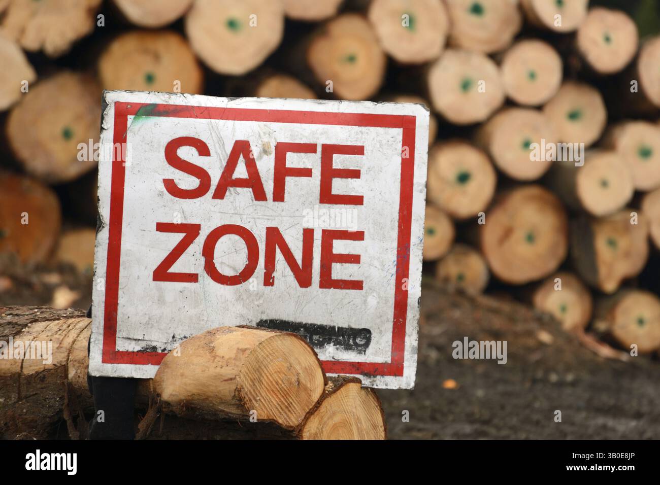 Safe Zone signage at a logging site provides guidance for workers and ...