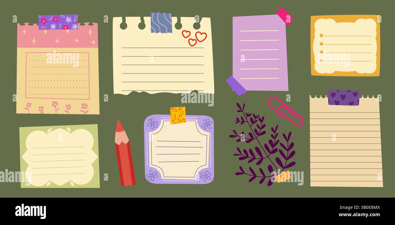 Cute hand drawn memo note sheets set - lined notepaper, to do checklist ...