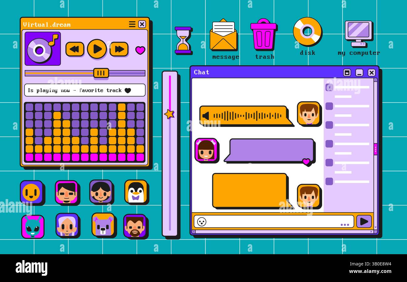Retro user interface elements collection - chat window template graphic ...