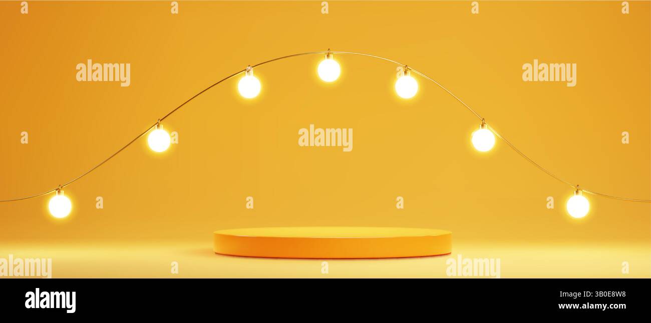 Bulbs illuminating podium on yellow background - arc of glowing spheres ...