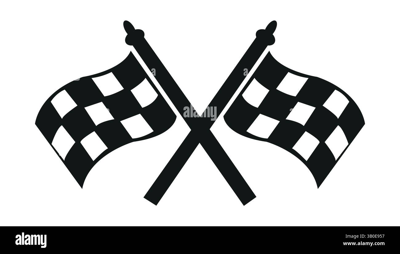 black and white crossed checkered racing flags icon on white background symbolizing finish line ...