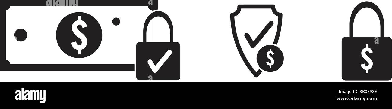 secure money icons, black and white symbols showing lock, dollar, shield and check mark ...