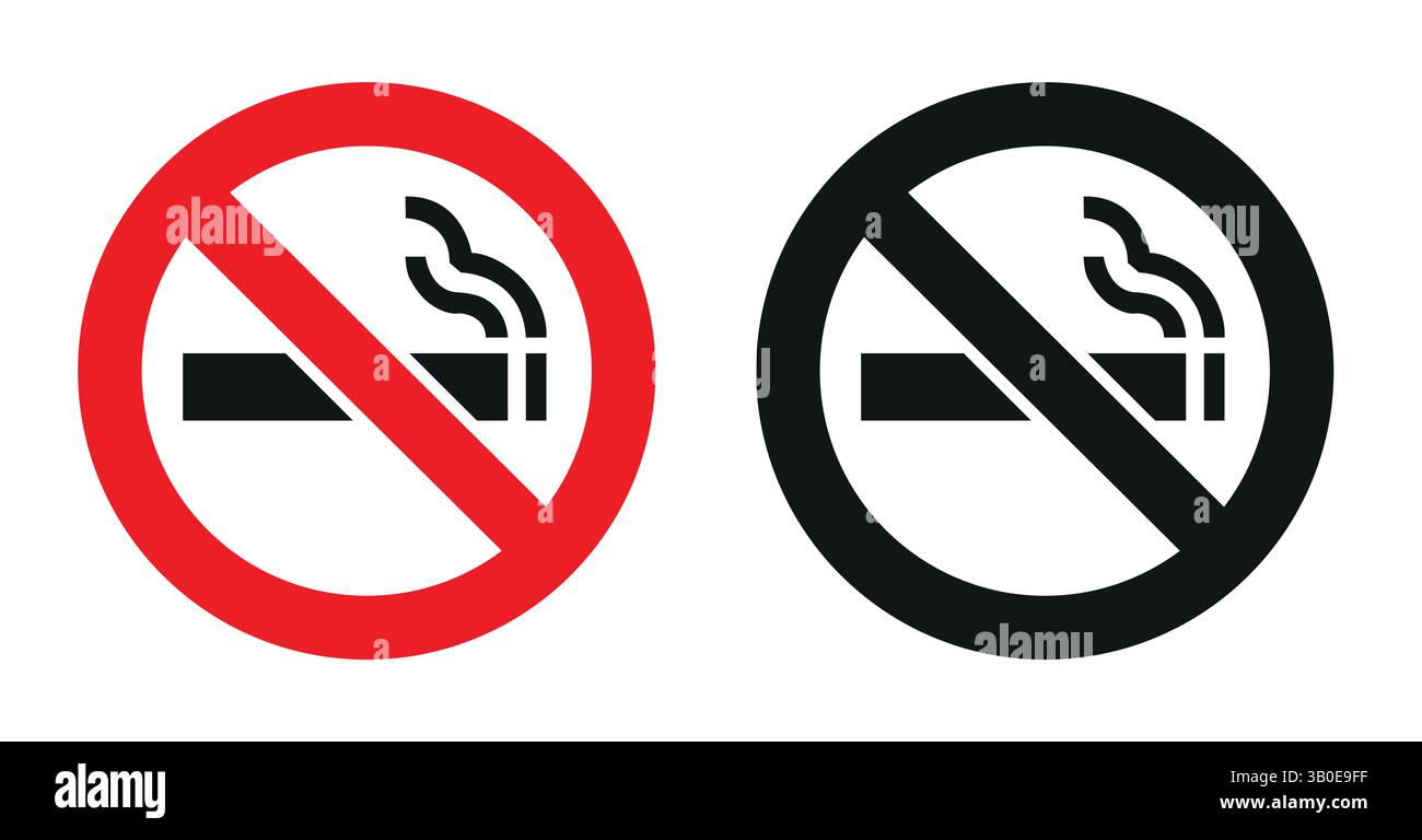 A simple vector image showing two no smoking signs, one in red and one in black, with a ...