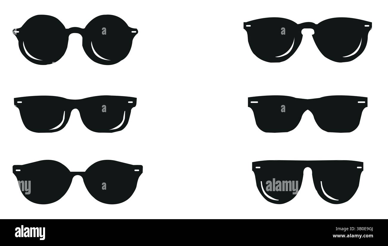 A simple vector set of six black silhouette sunglasses icons in ...