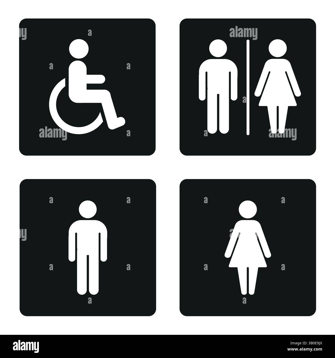 restroom signs set with wheelchair, male and female icons in black ...