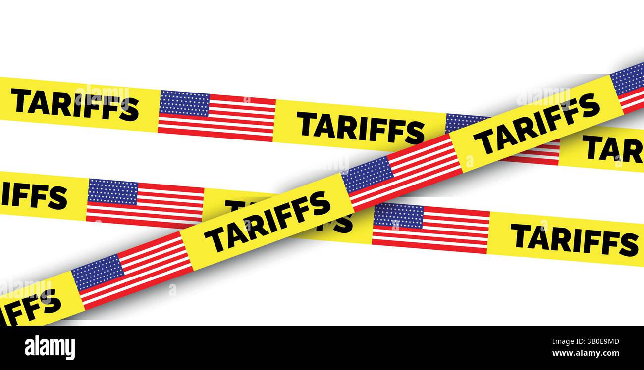 yellow warning tape with word tariffs and flag icons used as a symbol ...