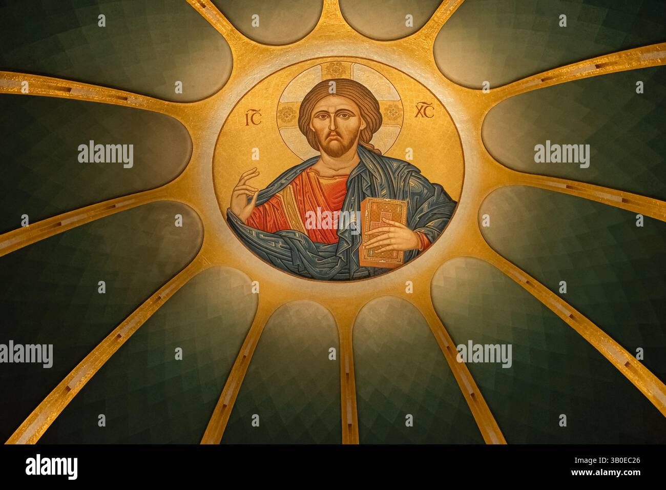 The fresco of Jesus on the ceiling of a an Orthodox Church. Dome ...