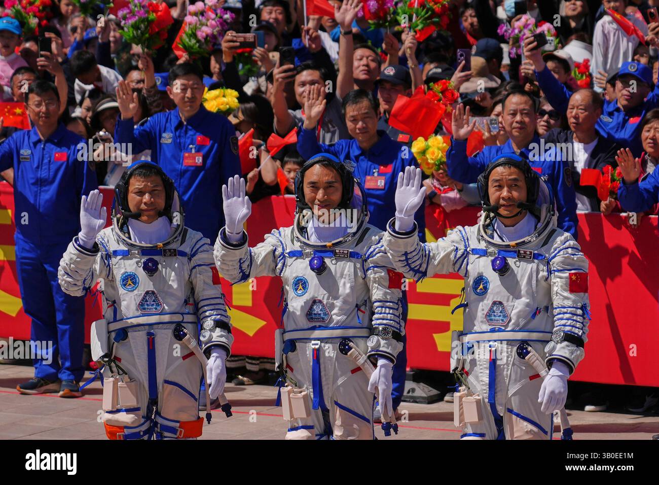 Chinese astronauts for the Shenzhou 20 mission, from right, Chen Zhongrui, Chen Dong and Wang ...