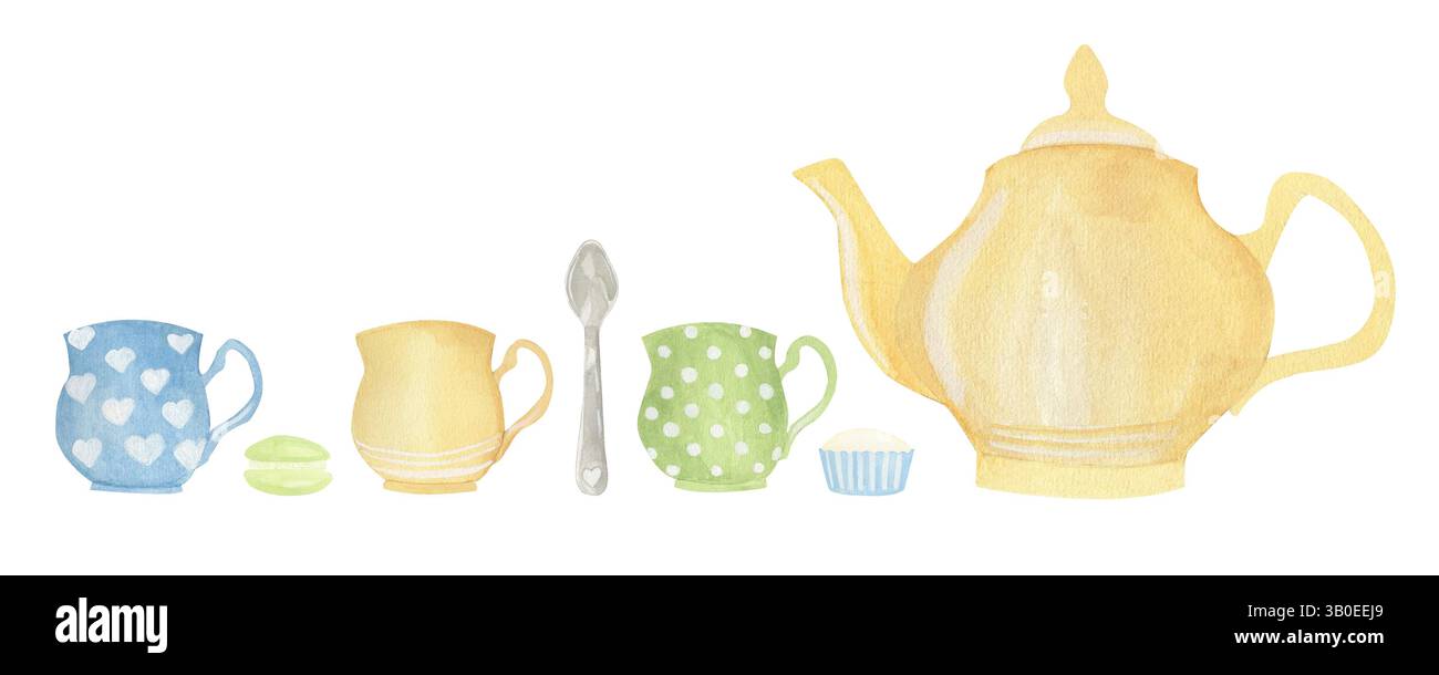 Whimsical watercolor of a tea set cups, spoon, teapot, macaron, and ...