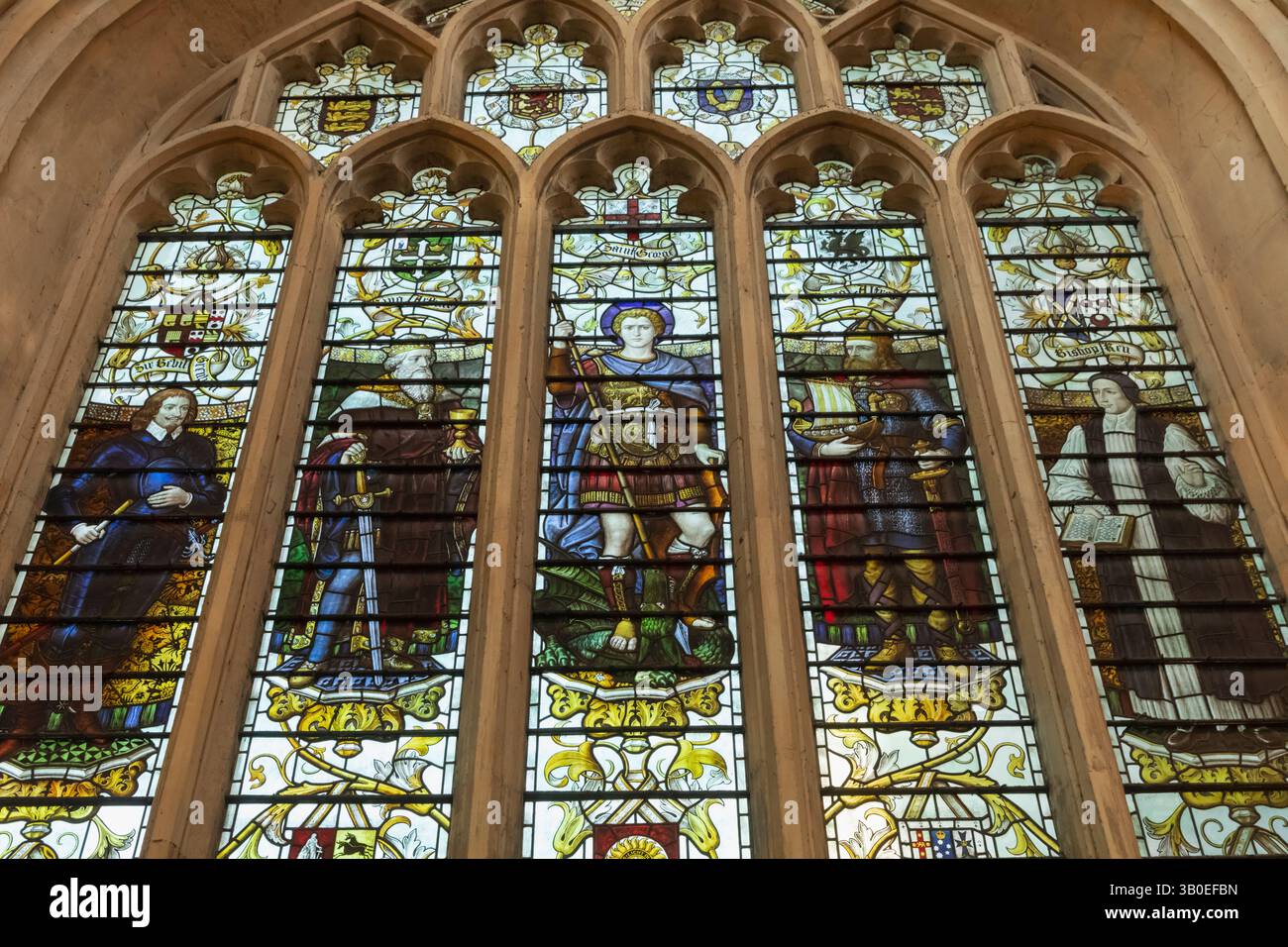 England, Somerset, Bath, Bath Abbey, Stained Glass Windows depicting ...