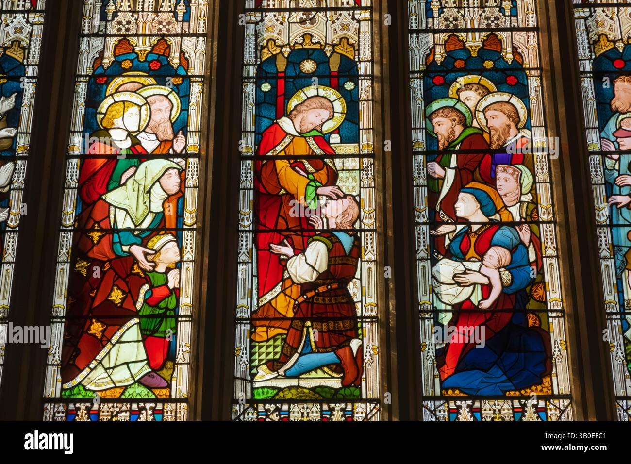 England, Somerset, Bath, Bath Abbey, Stained Glass Windows depicting ...