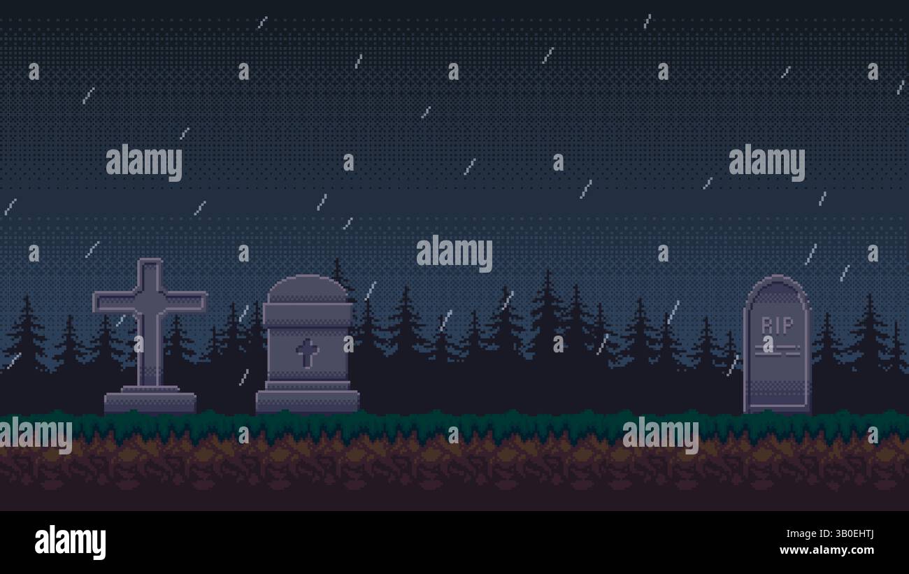 Graveyard in rainy weather pixel art background. Retro 2d video game style seamless landscape of ...