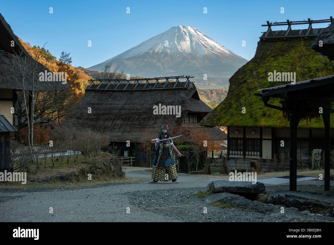 Samurai warrior at Iyashi-no-sato village with Mt. Fuji in Japan Stock ...