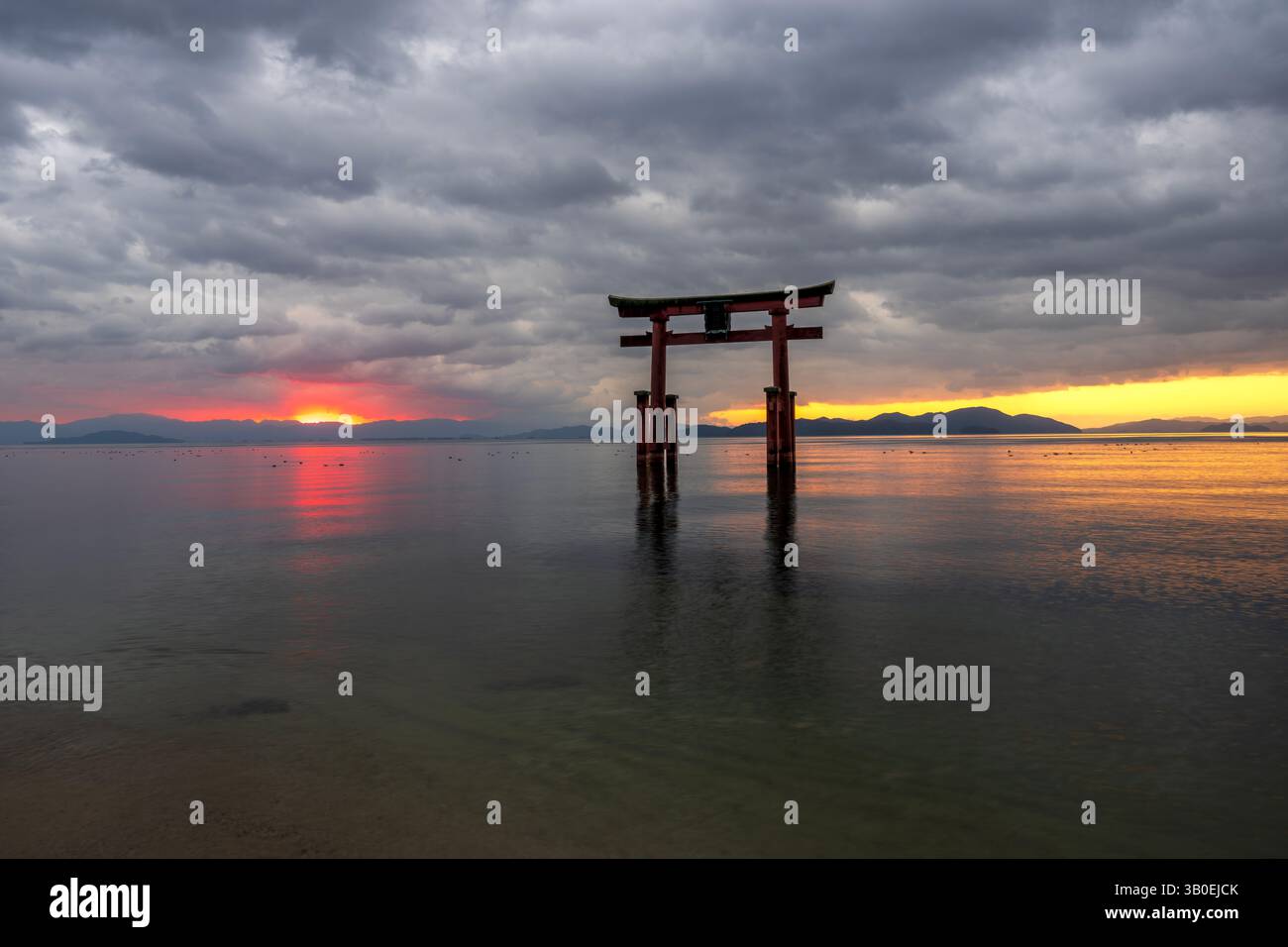 Tori gate reflected on Lake Biwa at sunrise, Shiga prefecture, Japan ...