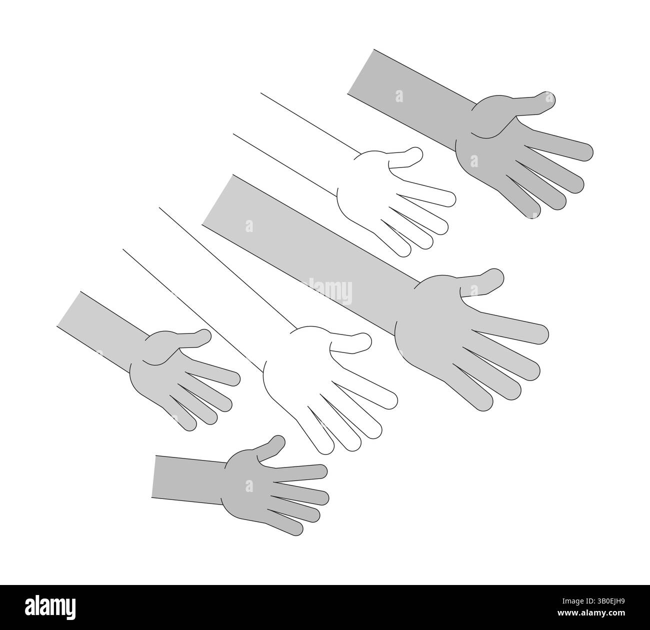 Many diverse hands reaching for help, resources outline illustration ...