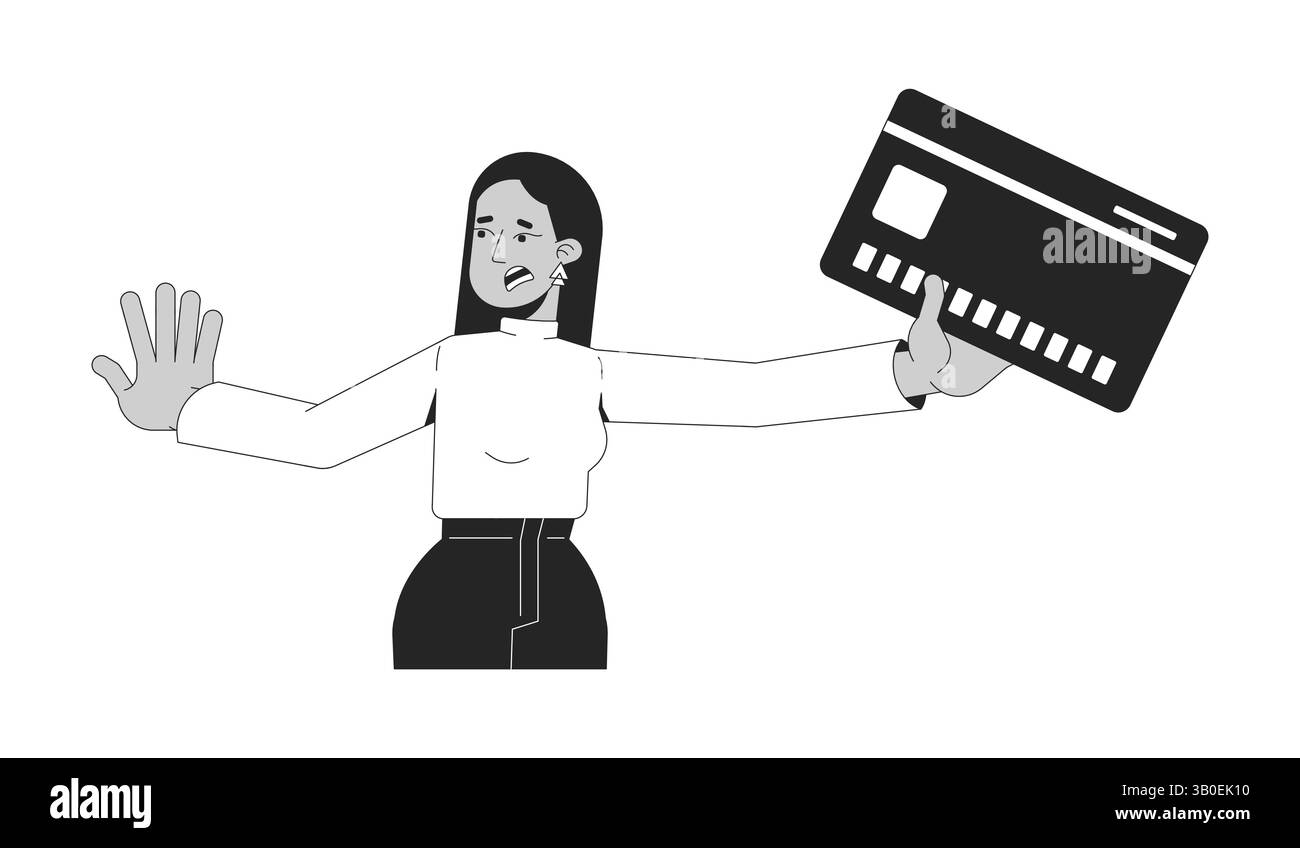 Arab woman holding credit card while raising hand to stop 2D line ...