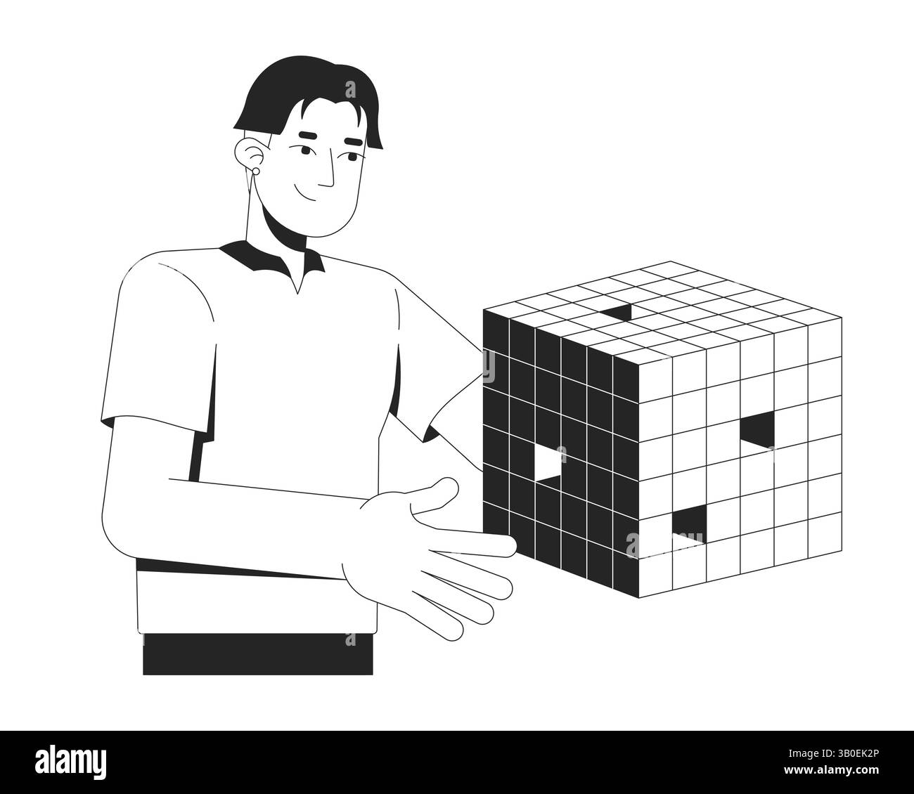 Asian man presenting floating digital data cube 2D line character Stock ...