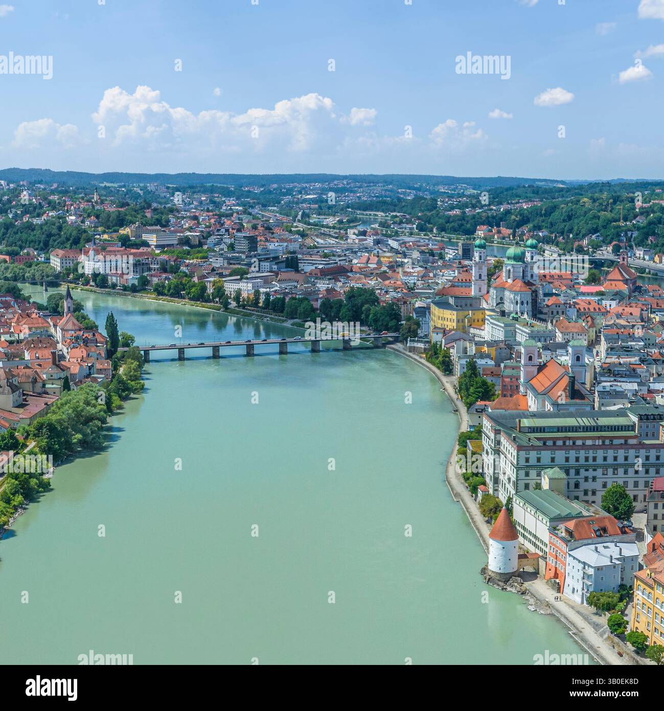 Bird's-eye view of the three-river city of Passau in eastern Lower ...