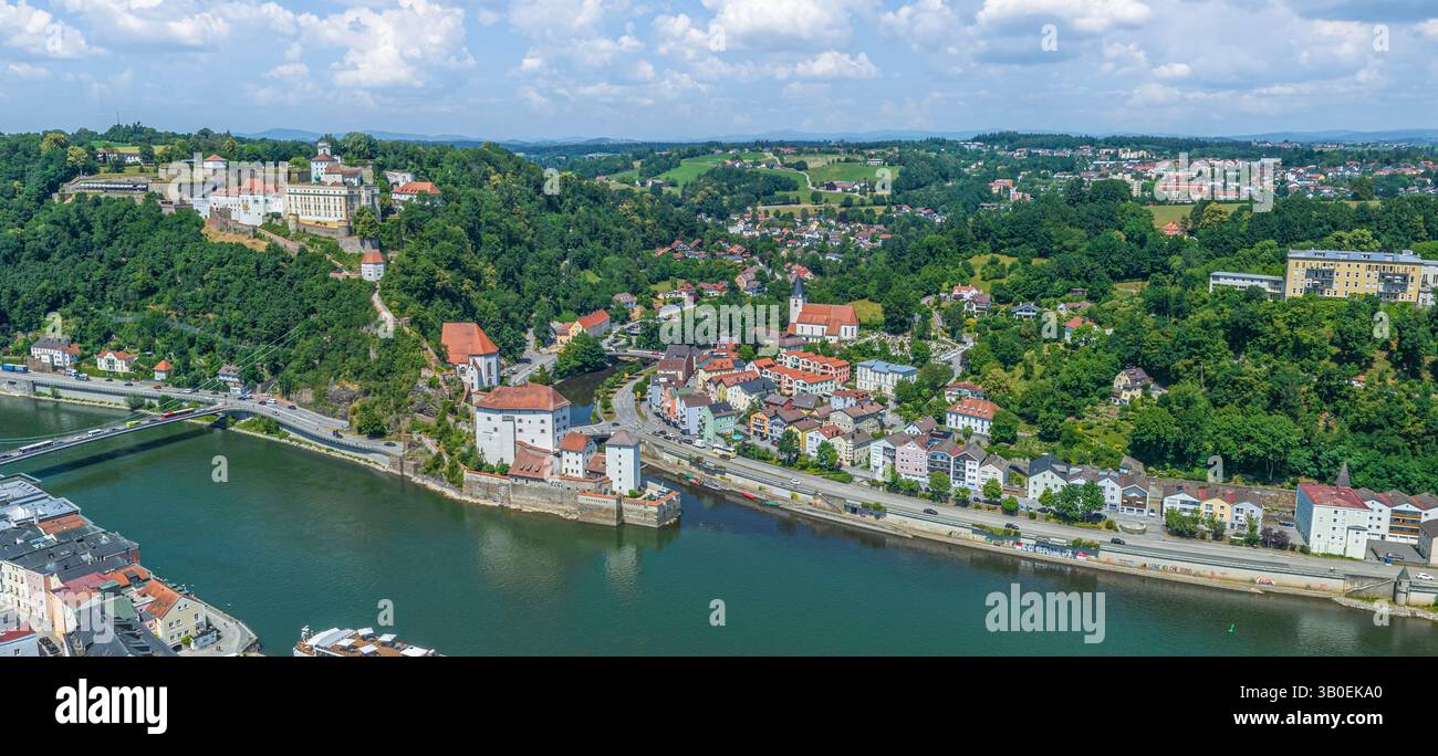 Bird's-eye view of the three-river city of Passau in eastern Lower ...
