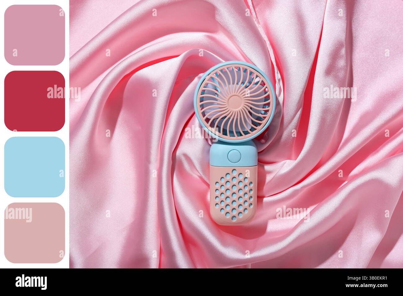 Portable electric fan on pink fabric. Different color patterns Stock ...