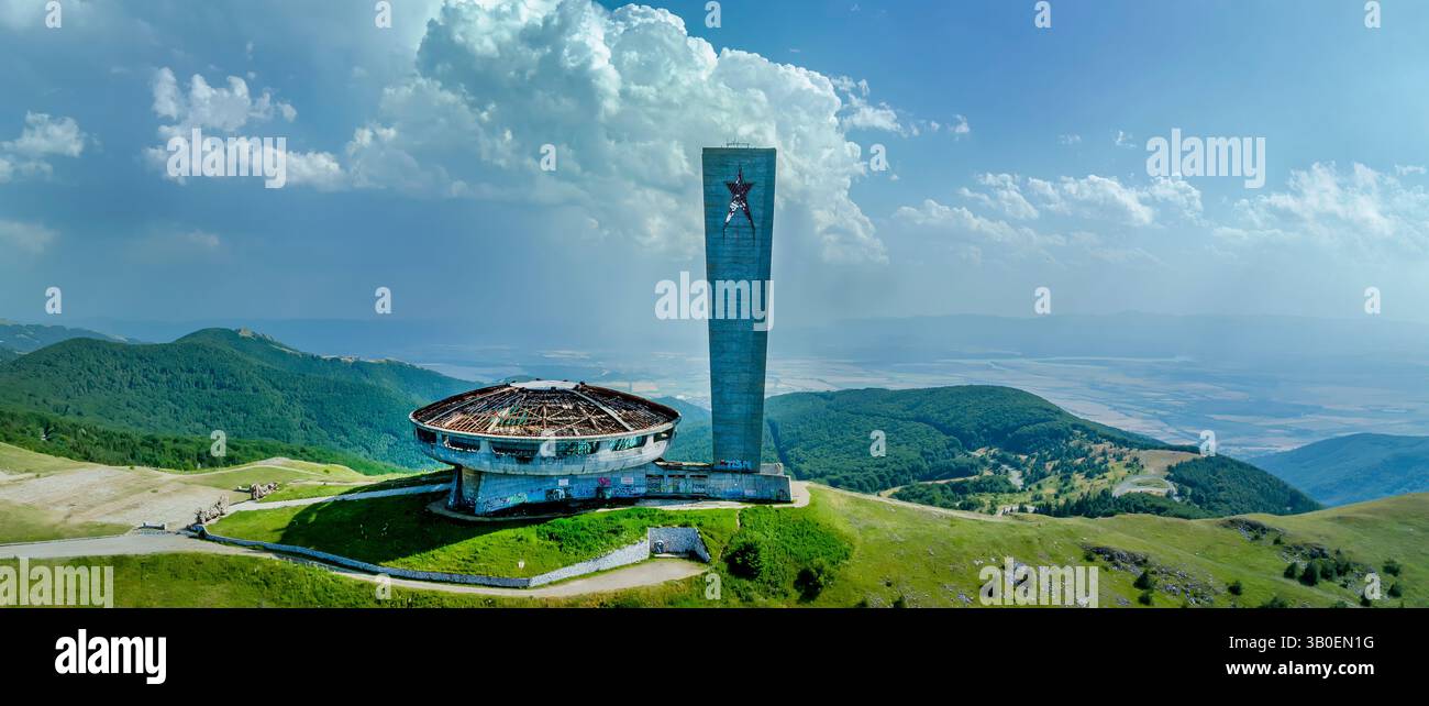 Aerial panoramic of the Buzludzha Monument, built 1974 in central ...