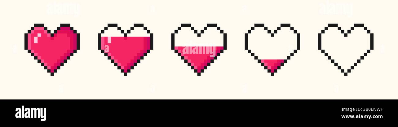Set of pixel art hearts of life in 8-bit retro style. Game pixelated ...