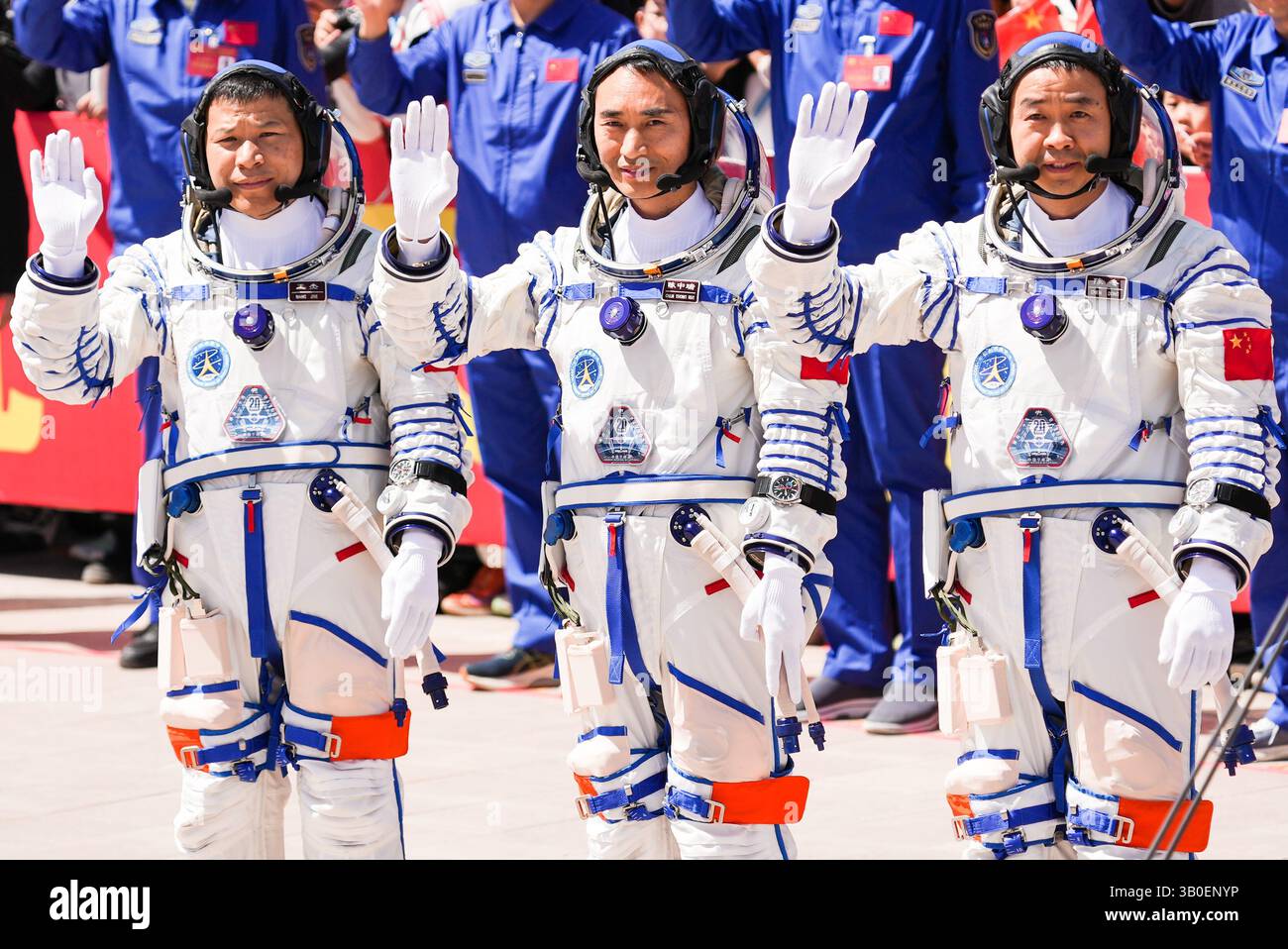 Jiuquan. 24th Apr, 2025. Chinese astronauts Chen Dong (R), Chen Zhongrui (C) and Wang Jie attend ...