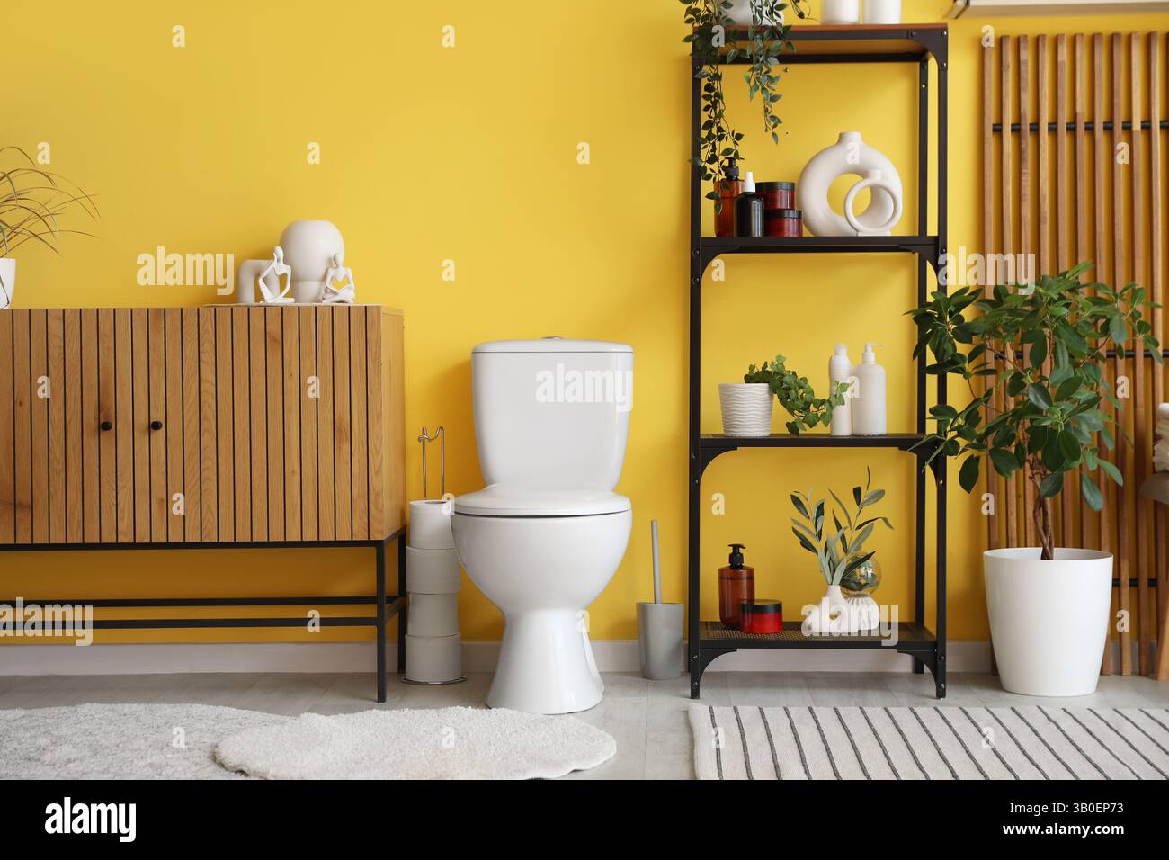 Interior of restroom with toilet bowl, commode and shelf unit Stock ...