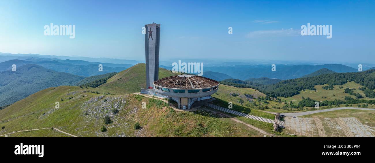 Aerial panoramic of the Buzludzha Monument, built 1974 in central ...