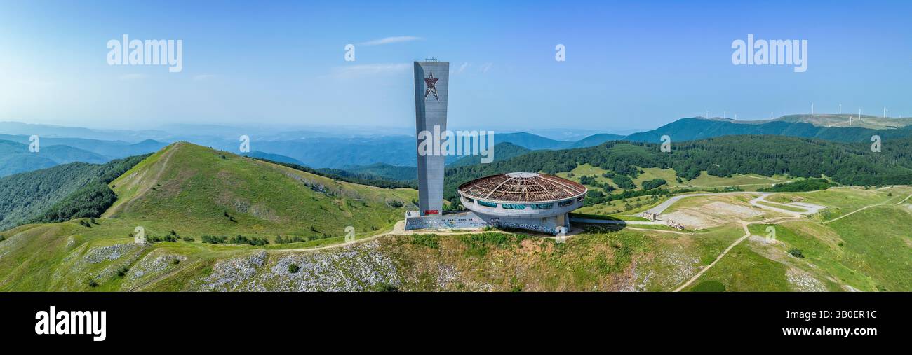 Aerial panoramic of the Buzludzha Monument, built 1974 in central ...