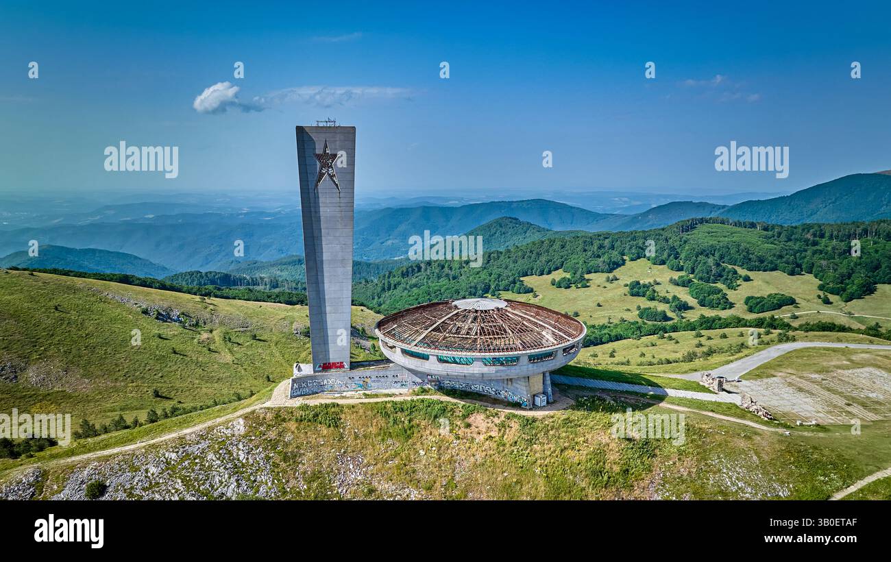 Aerial panoramic of the Buzludzha Monument, built 1974 in central ...
