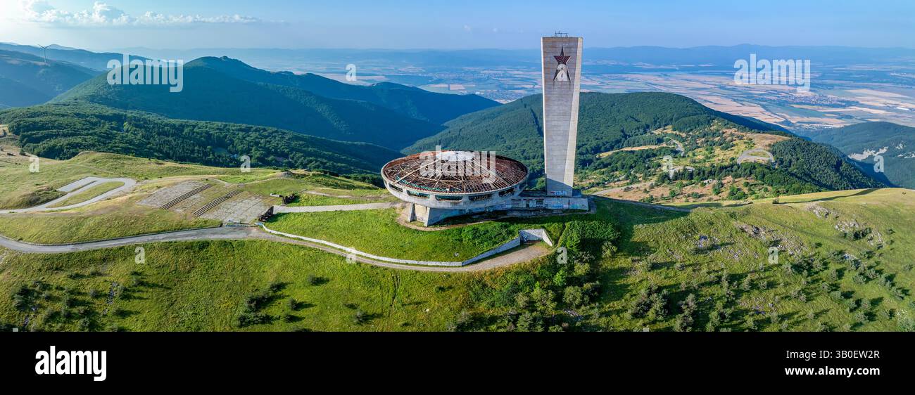 Aerial panoramic of the Buzludzha Monument, built 1974 in central ...