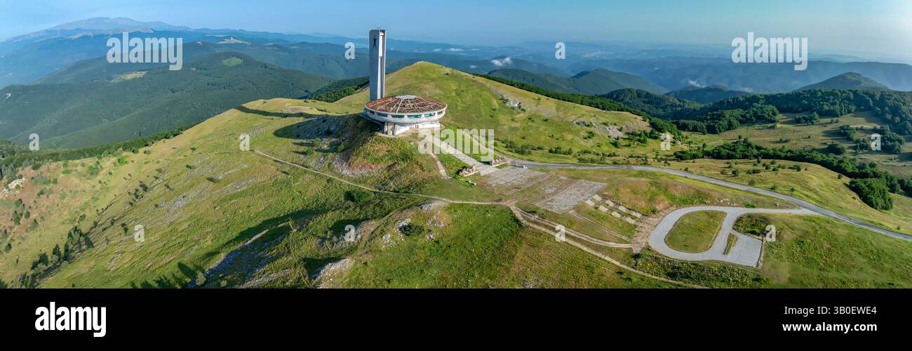 Aerial panoramic of the Buzludzha Monument, built 1974 in central ...