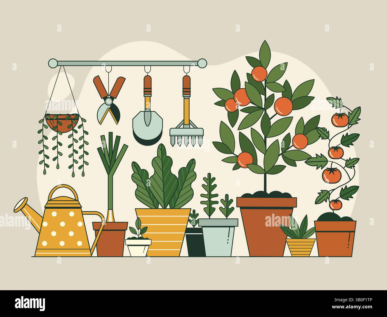 Gardening Scene with Plants and Gardening Tools Stock Vector Image ...