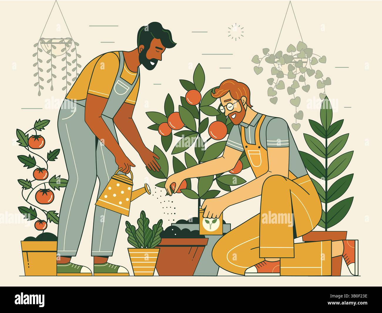Male Friends Planting and Watering Plants Stock Vector Image & Art - Alamy