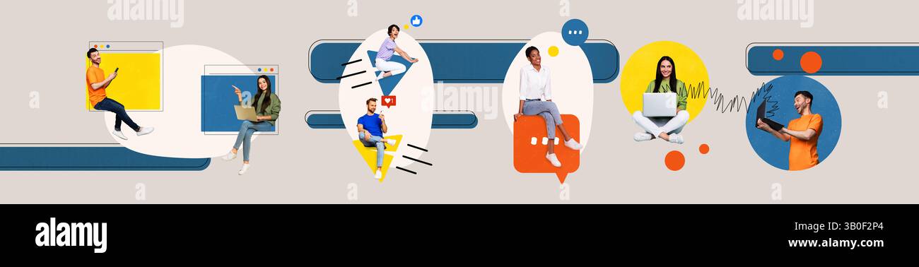 Modern graphic collage depicting diverse individuals with technology ...