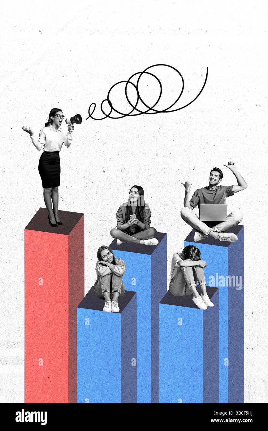 Creative collage with diverse people on three-dimensional bar graphs ...