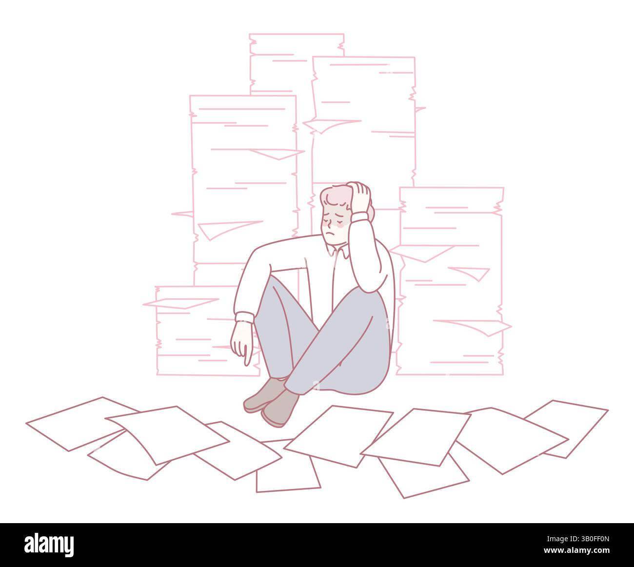 A stressed individual is overwhelmed by piles of documents, symbolizing ...