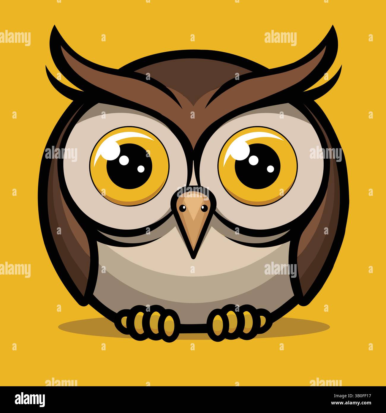 Cute Cartoon Owl Vector Illustration with Big Eyes on Yellow Background ...