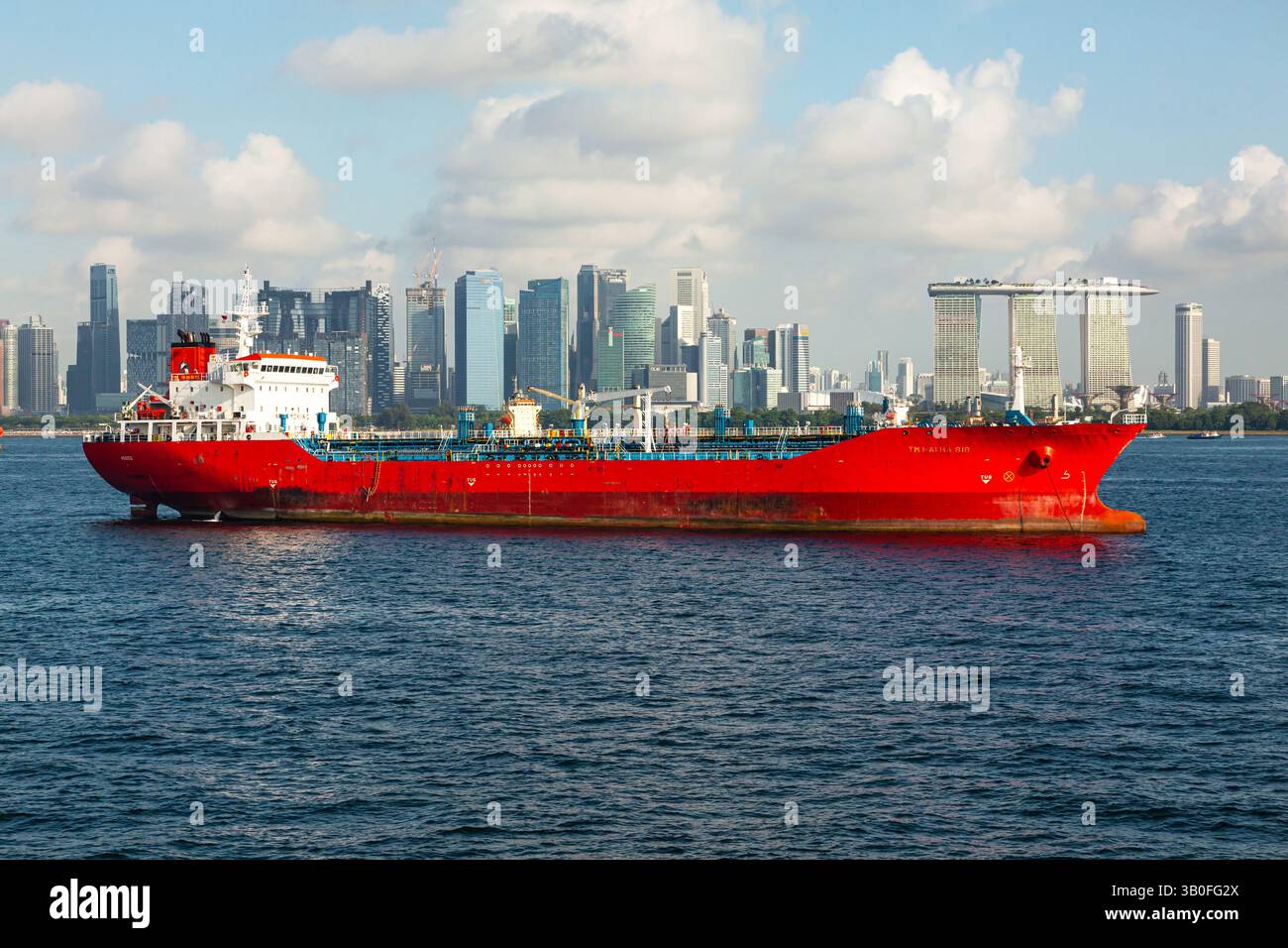 View from the sea to Singapore with high-rise buildings and the coast ...