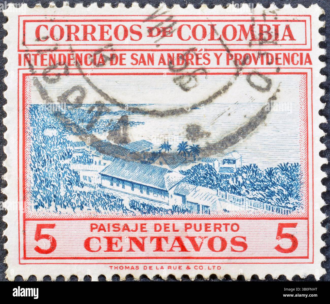 Cancelled postage stamp printed by Colombia, that shows View of Port ...