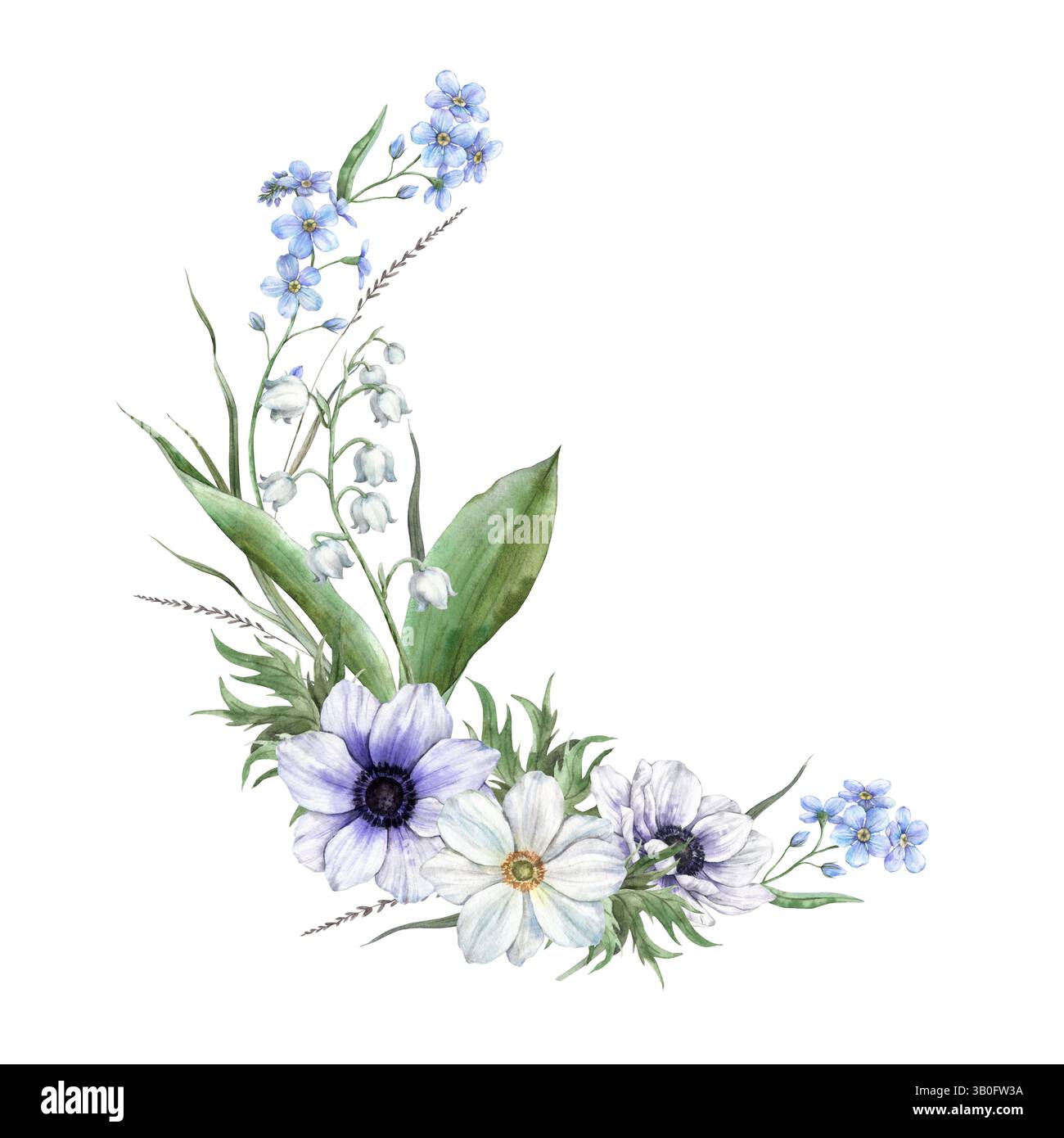 Floral arrangement of blue forget-me-nots, anemones, lilies of the ...