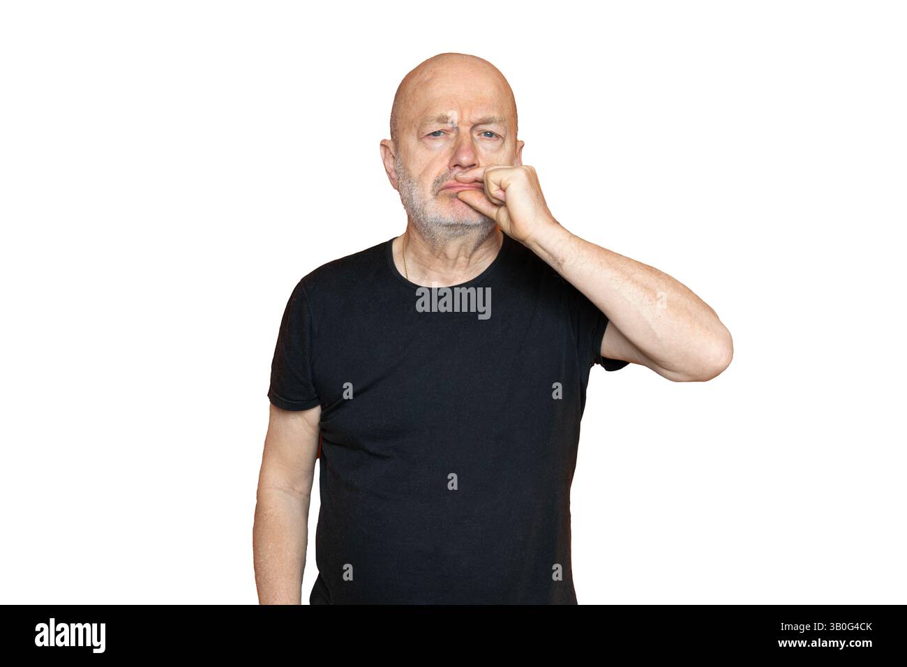 A man making the gesture of keeping his mouth shut on a transparent ...