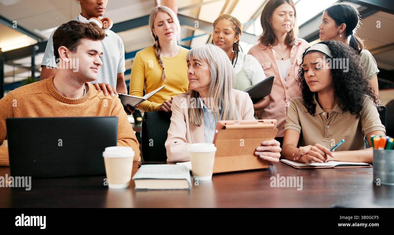 Education, students and lecturer with tablet, group and sad for last ...