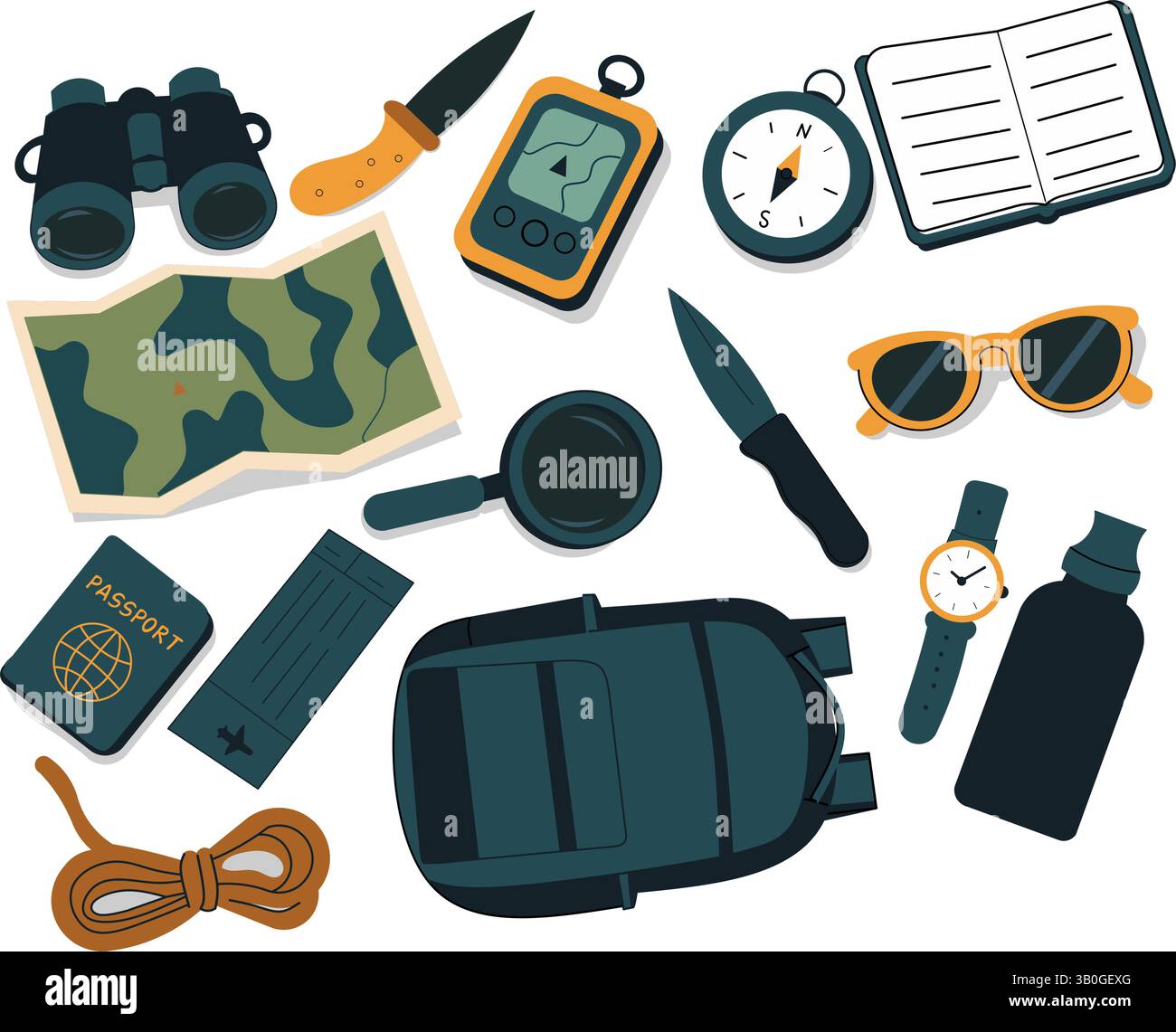 Flat Lay Vector Illustration of Explorer's Travel Essentials – Adventure Gear and Outdoor ...